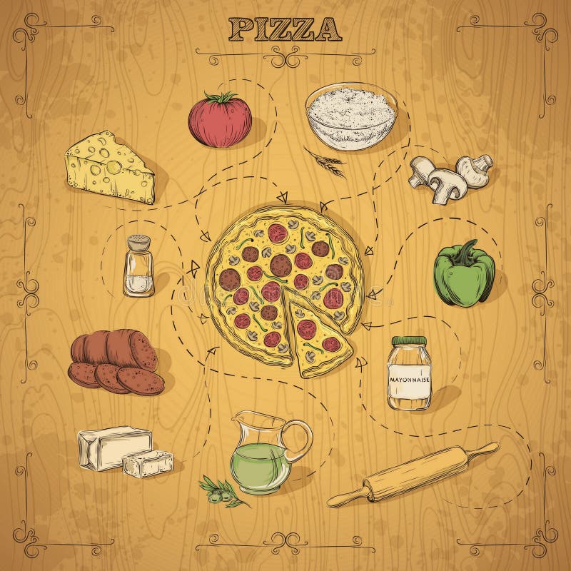 Pizza recipe. Hand drawing stock illustration. Illustration of drawing ...