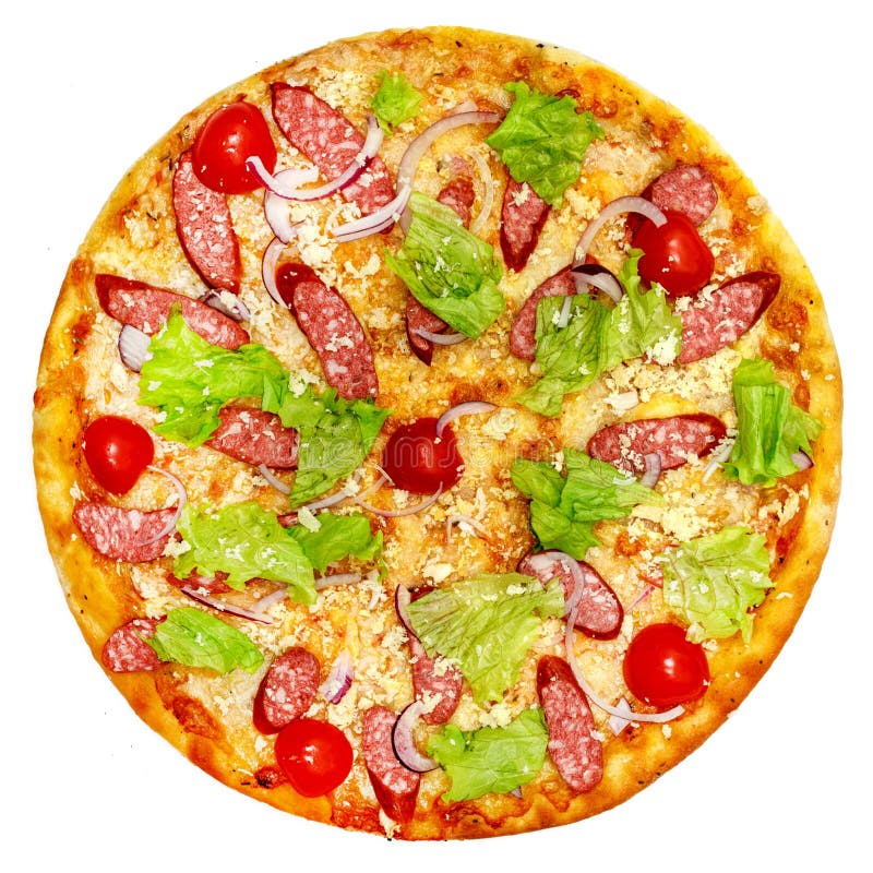 Pizza Redonda Com Tomates, Cogumelos E Queijo No Fundo Branco Foto de ...