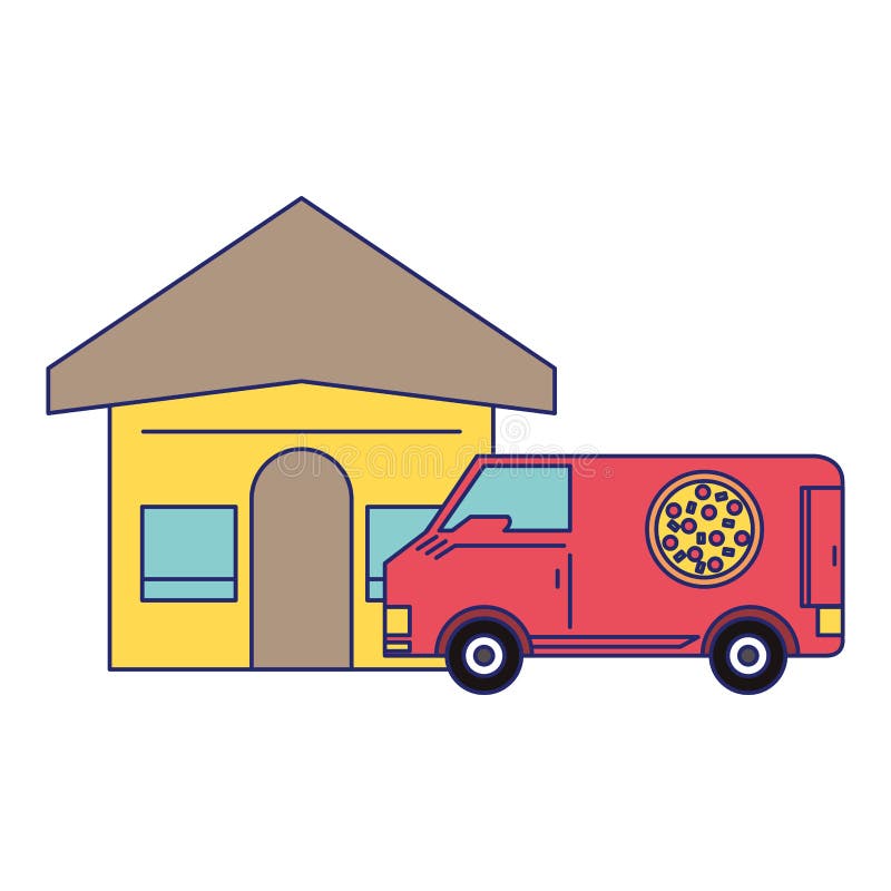 Pizza Restaurant and Delivery Van Blue Lines Stock Vector ...