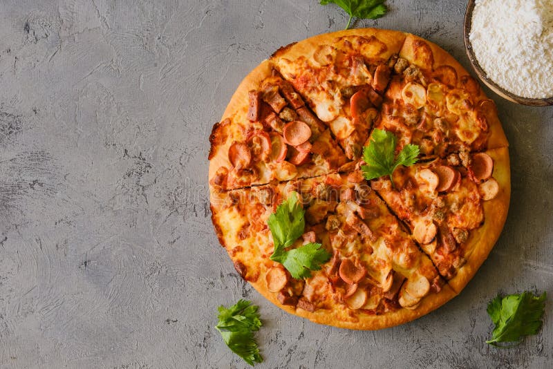 Pizza on Rustic Grey Background Stock Photo - Image of cheese, space ...