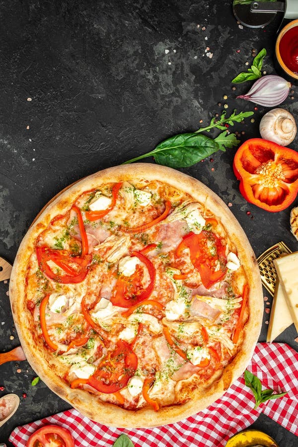 Pizza Set on a Dark Background, Fast Food Lunch, Vertical Image. Top ...