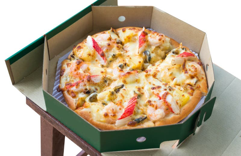 Pizza with Seafood on Delivery Box Stock Photo - Image of prawn, paper ...