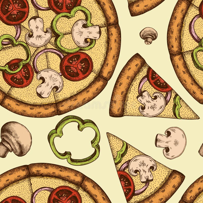 Pizza Seamless Pattern Background Design. Engraved Style. Hand Drawn ...