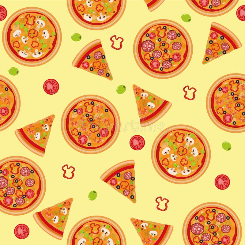 Pizza Seamless Pattern with Ingredients Stock Vector - Illustration of ...