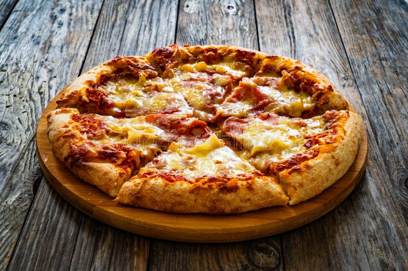 Pizza Serrano with Cured Ham, Mozzarella Cheese and Mushrooms on Wooden ...