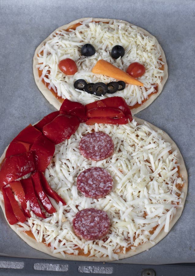 Pizza in Shape of Snowman before Baking on Baking Sheet, Preparatory ...