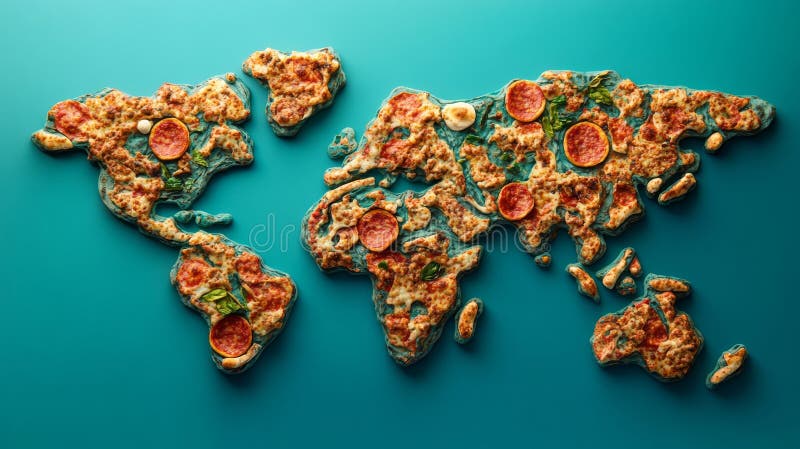 Pizza Shaped Like World Map on Teal Background. Culinary Art and ...