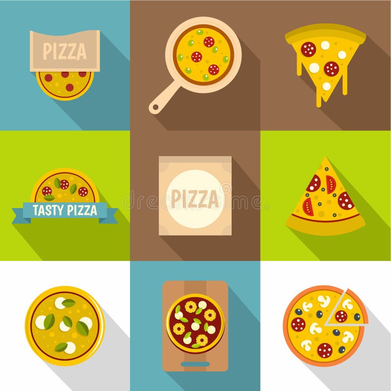 Pizza Shop Icons Set, Flat Style Stock Vector - Illustration of dish ...