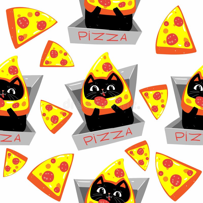 Pizza Slice, Black Cats Eating Pizza Seamless Pattern on White Stock ...