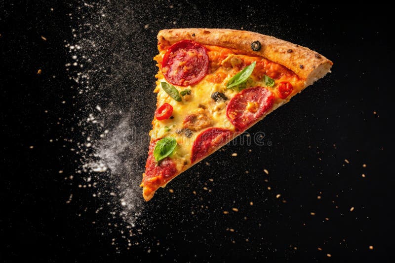 Pizza Slice with Bright Colors Floating on a Black Background, HDR ...