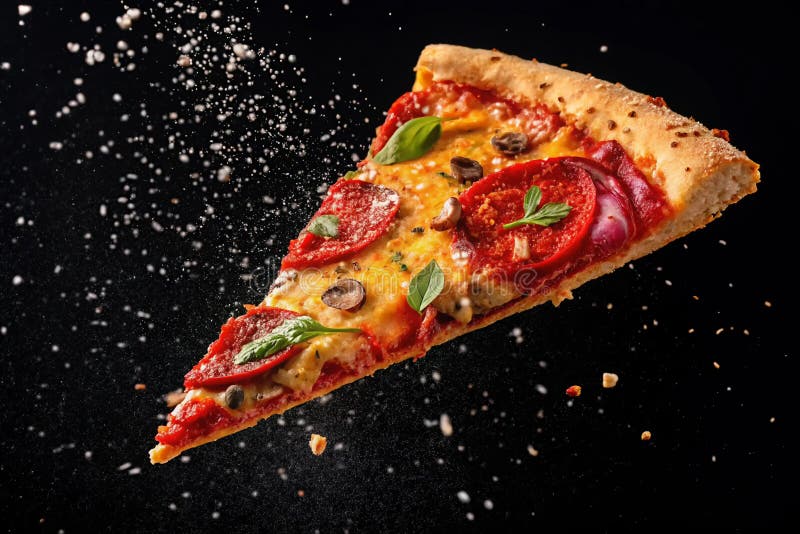Pizza Slice with Bright Colors Floating on a Black Background, HDR ...