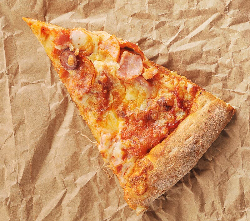 Pizza Slice with Cheese and Spicy Sausage on Paper Stock Photo - Image ...