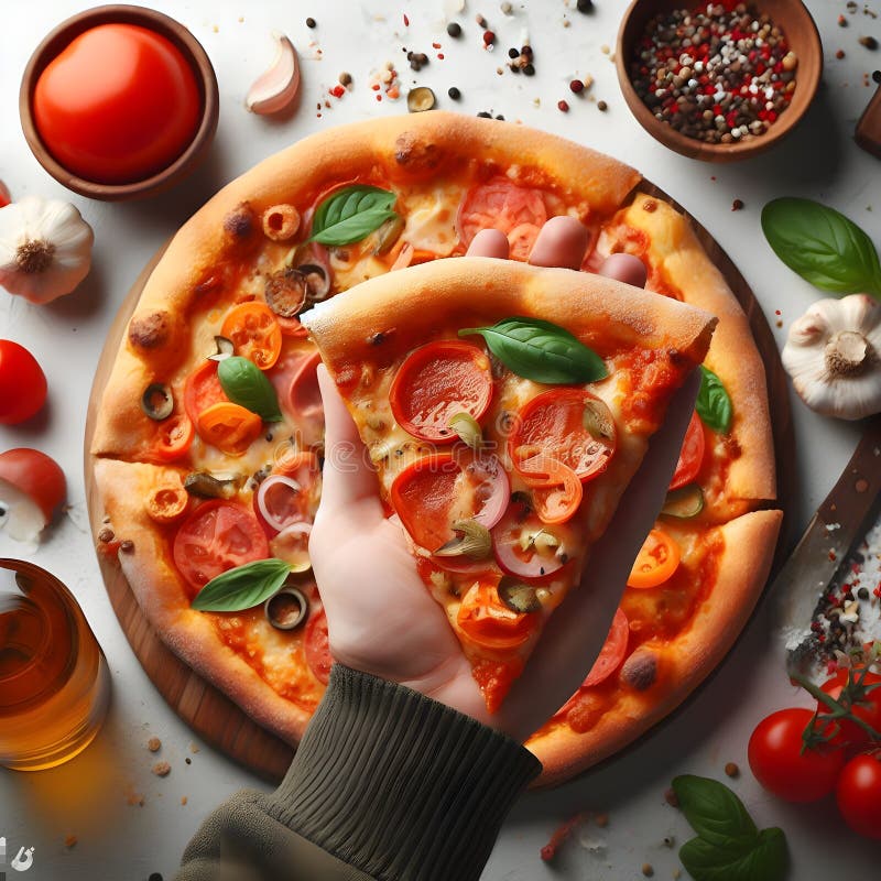 Pizza Slice Delicious in Man S Hand on Light Background Stock ...