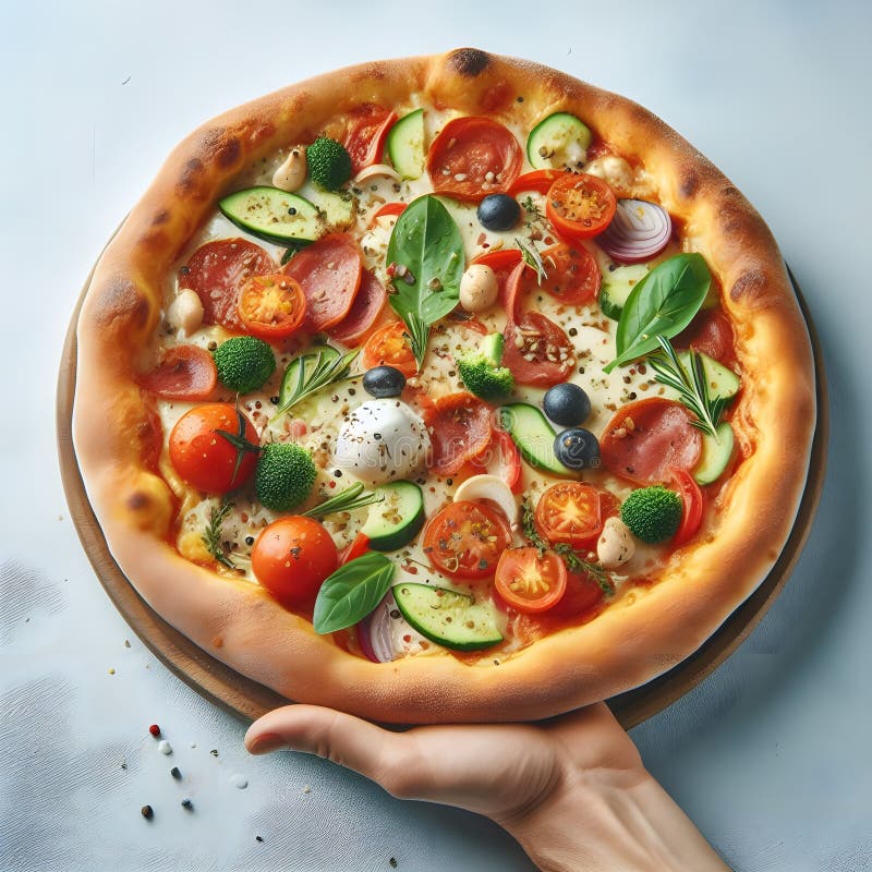 Pizza Slice Delicious in Man S Hand on Light Background Stock ...