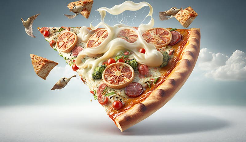Pizza Slice Flying in the Blue Sky. Generative AI. Stock Illustration ...