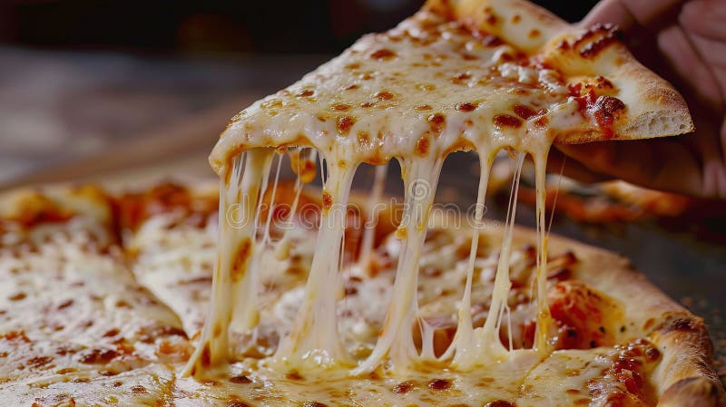 A Pizza Slice in Hand with Cheese Stretching Out Forming an Inviting ...