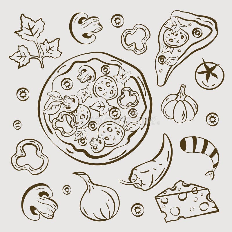 Pizza Slice of Pizza Ingredients Sketch Hand Drawing Vector Stock ...