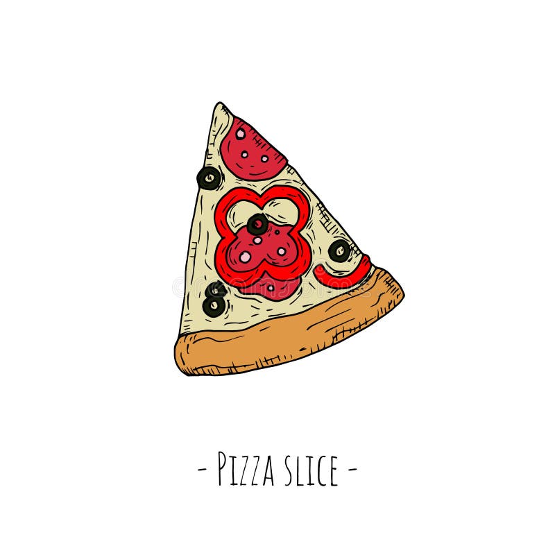 Pizza Slice. Isolated Object on a White Background. Hand-drawn Style ...