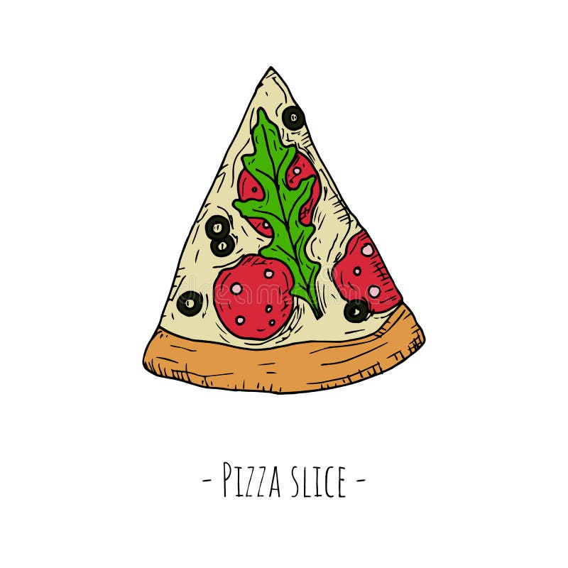 Pizza Slice. Isolated Object on a White Background. Hand-drawn Style ...