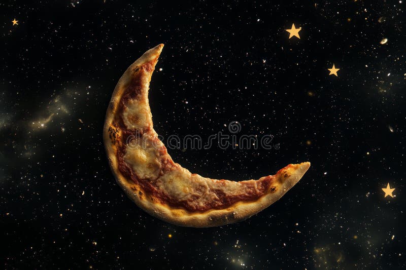 Pizza Slice Shaped Like Moon in Starry Space Background Stock ...