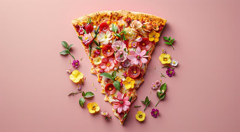 Pizza Slice with Spring Flowers on Pink Background Stock Image - Image ...