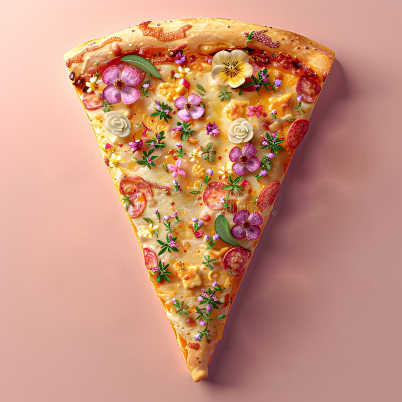 Pizza Slice with Spring Flowers on Pink Background Stock Photo - Image ...