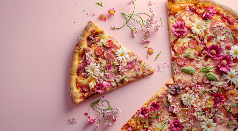 Pizza Slice with Spring Flowers on Pink Background Stock Image - Image ...