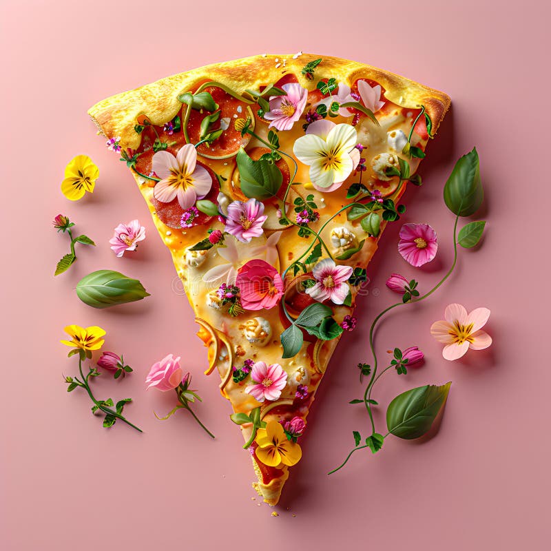 Pizza Slice with Spring Flowers on Pink Background Stock Image - Image ...