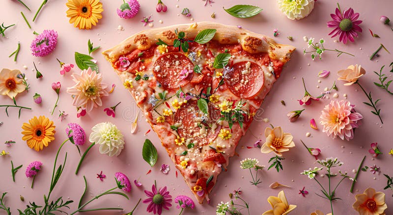 Pizza Slice with Spring Flowers on Pink Background Stock Photo - Image ...