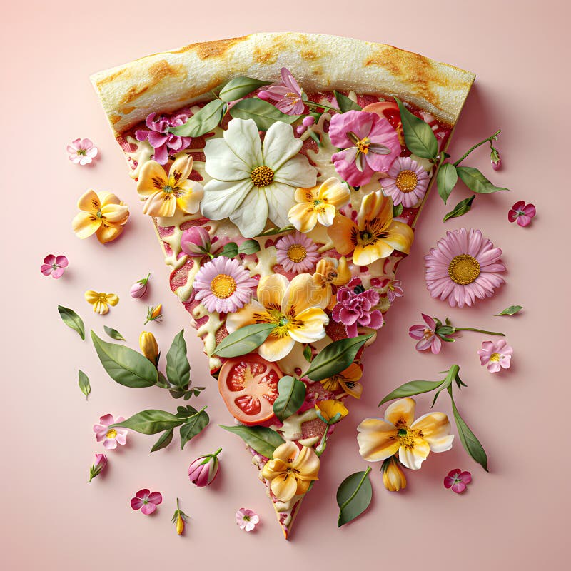 Pizza Slice with Spring Flowers on Pink Background Stock Image - Image ...