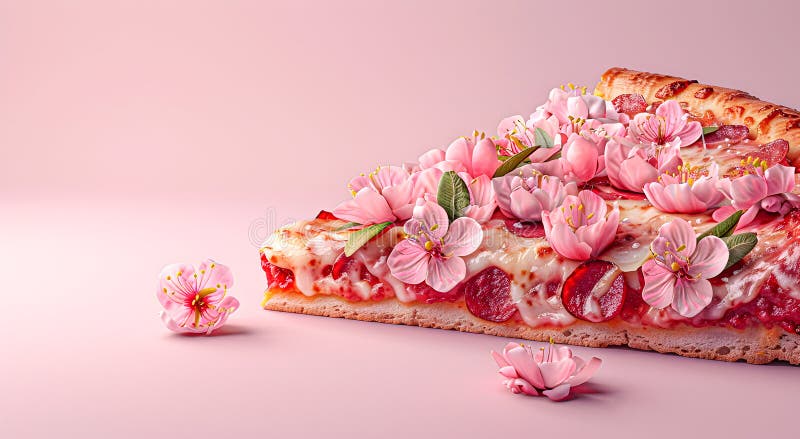 Pizza Slice with Spring Flowers on Pink Background Stock Image - Image ...