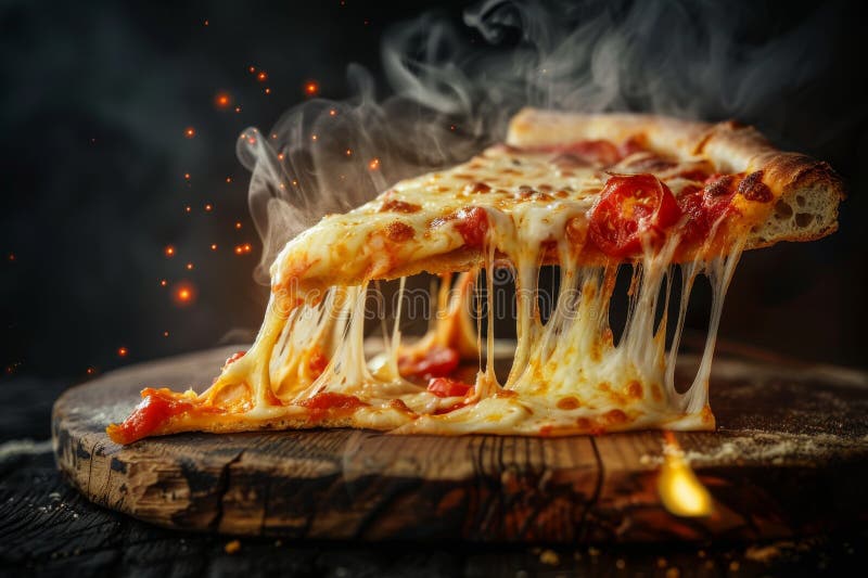 Pizza Slice with Stretching Cheese on a Black Background Stock Image ...