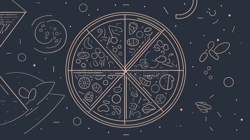 Pizza Sliced, Graphic Contour Illustration on a Dark Black Background ...
