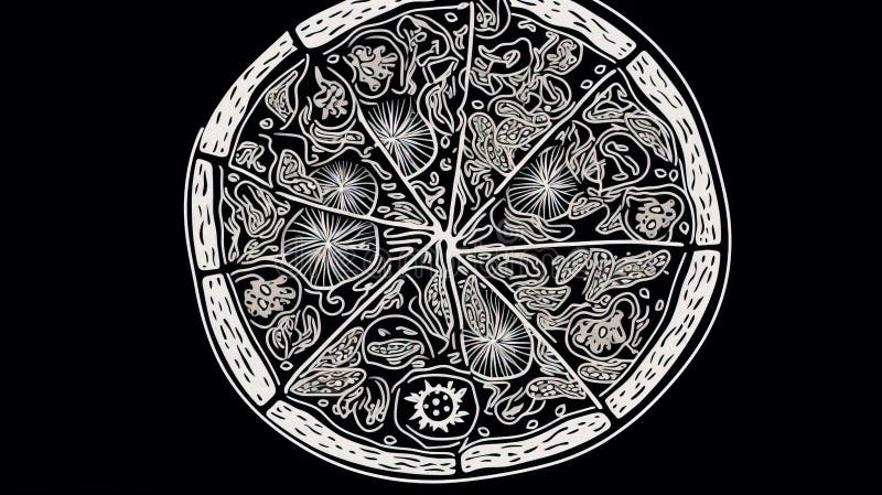 Pizza Sliced, Graphic Contour Illustration on a Dark Black Background ...