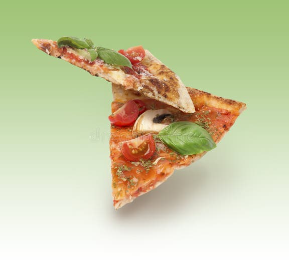Pizza Slices in Air on Green Gradient Background Stock Photo - Image of ...