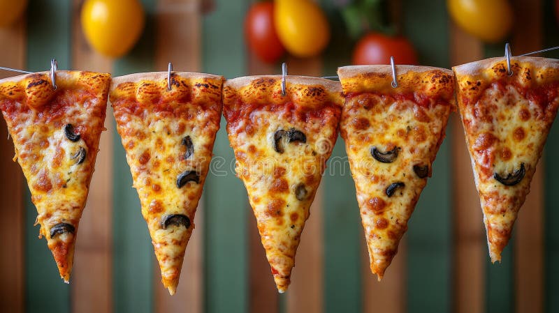 Pizza Slices Hanging on a Clothesline with Colorful Background, Festive ...