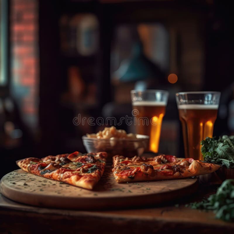 Pizza Slices on Stone in Rustic Pub. Generative AI Stock Illustration ...