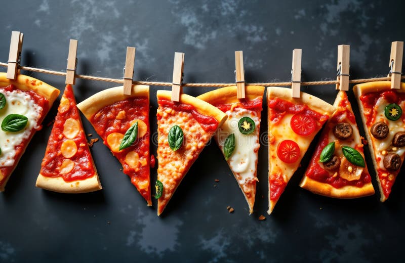 Pizza Slices Various Toppings Hang on String with Clothespins on Dark ...