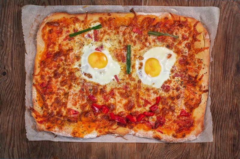 Pizza Smiling Face on Wooden Table Stock Photo - Image of green ...