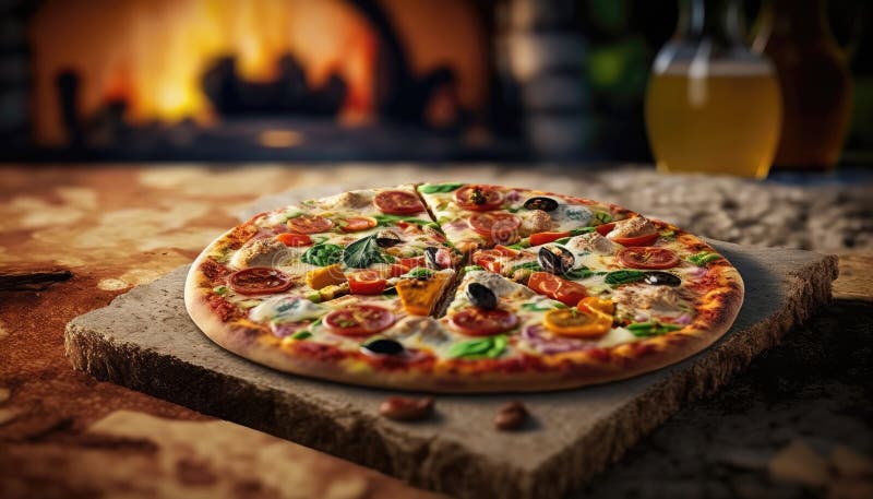 Pizza on Stone, Blurred Background, Rustic Pub. Generative AI Stock ...