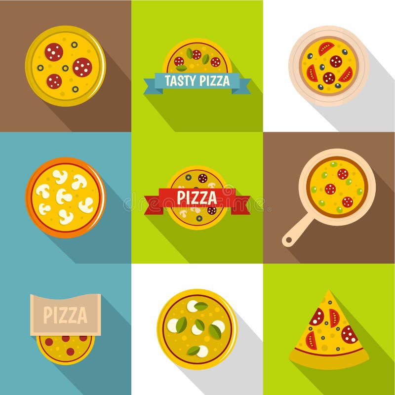 Pizza Store Icons Set, Flat Style Stock Vector - Illustration of party ...