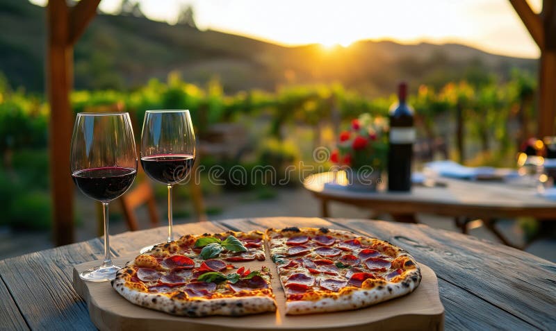 Pizza Sunset Dining Experience with Red Wine, Outdoor Setting, Vineyard ...