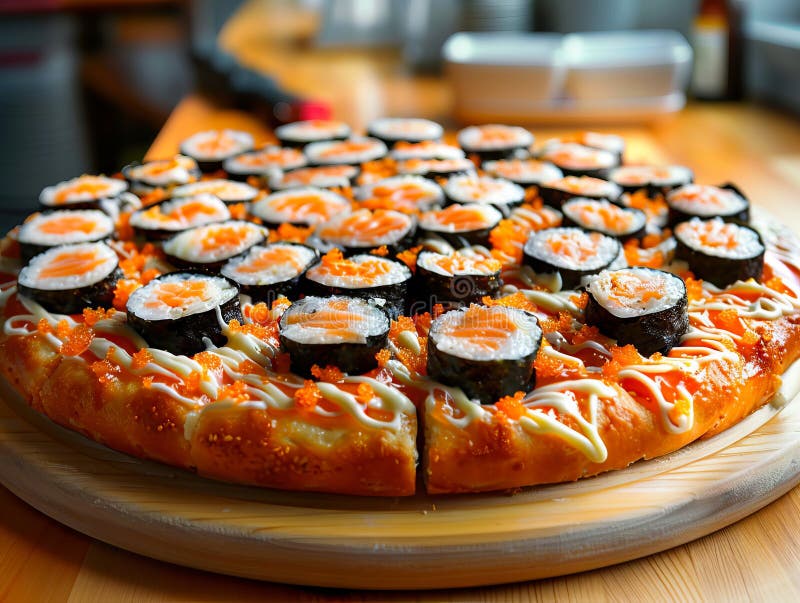 A pizza with sushi on it stock photo. Image of floor - 315241184