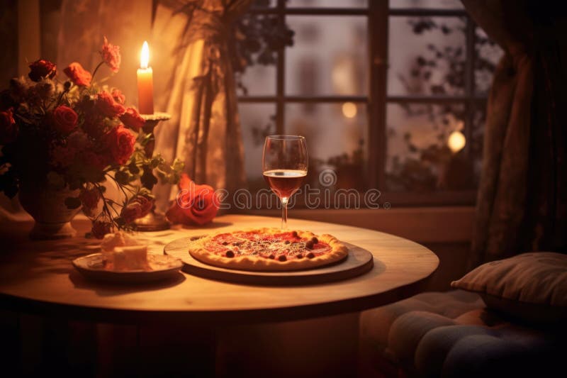 Pizza on Table with Dimmed Romantic Lighting Stock Photo - Image of ...