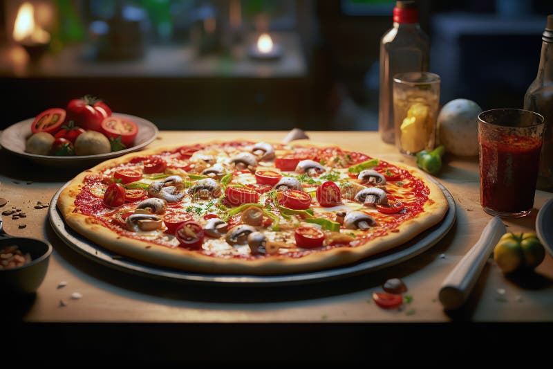 Pizza on a Table in a Kitchen, AI Generative Stock Illustration ...