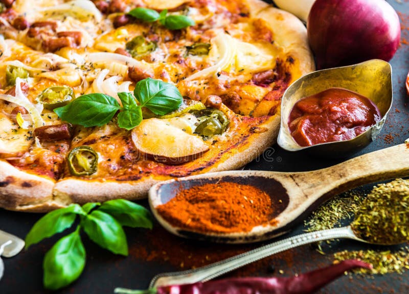 Pizza on a table stock image. Image of meat, pepperoni - 54943027