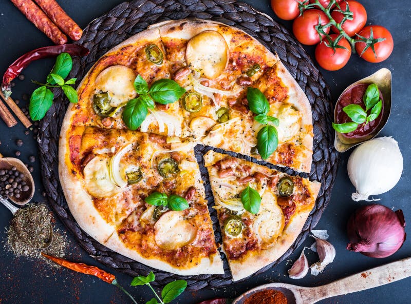 Pizza on a table stock photo. Image of dough, chips, junk - 69935562