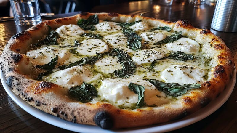 A Pizza with a Thin Crust Topped with Fresh Basil and Mozzarella Pic ...