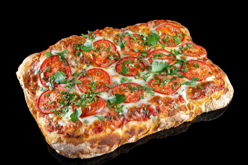 Pizza with Tomatoes and Parsley, Top View. Rectangular Pizza Stock ...