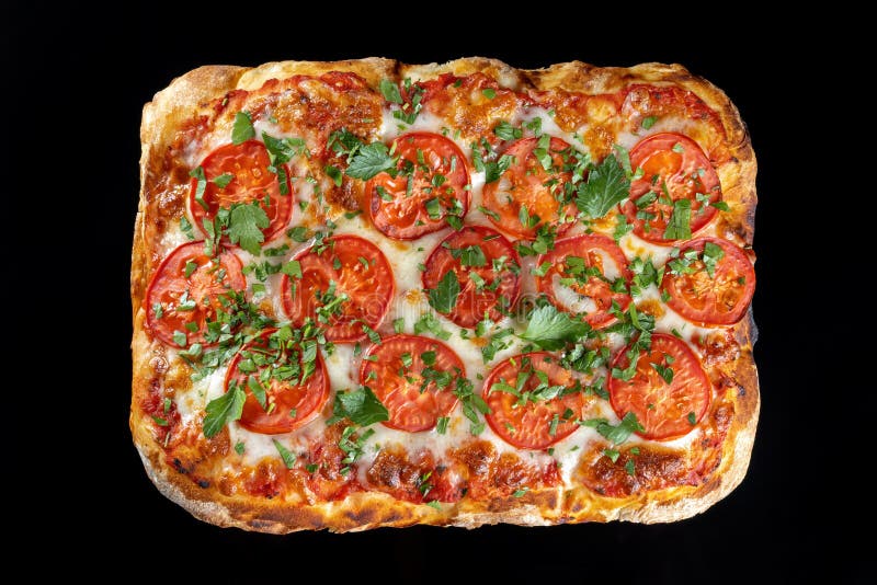 Pizza with Tomatoes and Parsley, Top View. Rectangular Pizza Stock ...